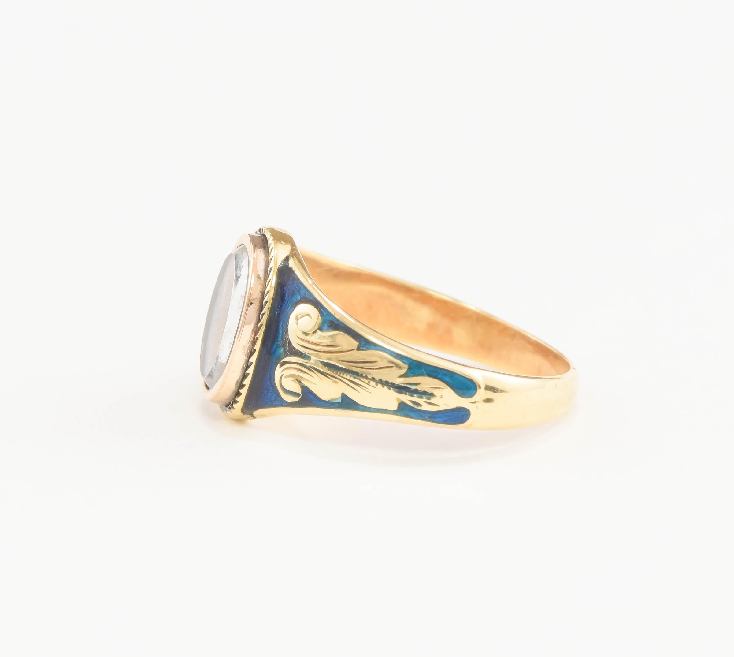 Victorian Hair Locket Ring with Blue Enamel For Sale at 1stDibs