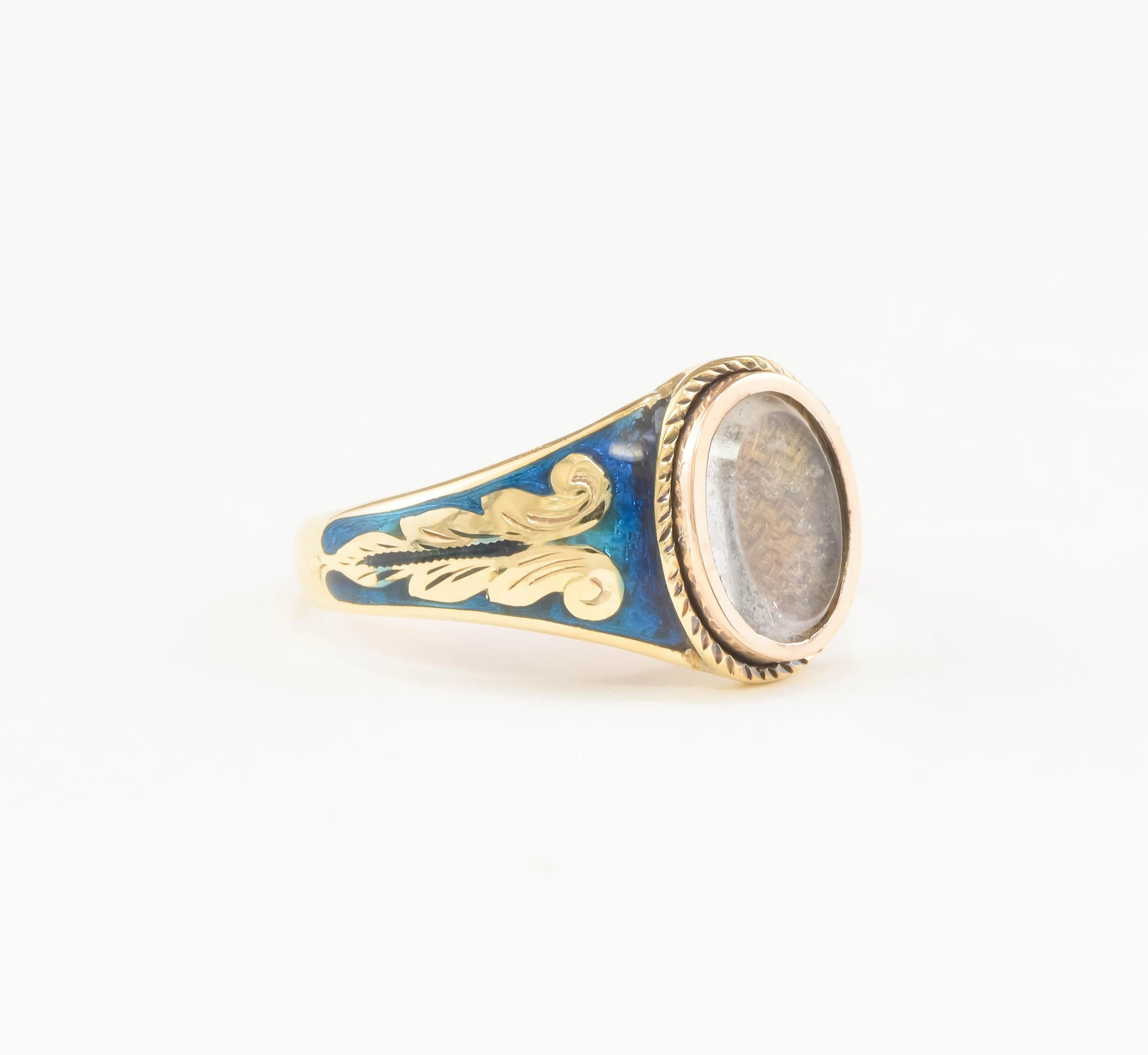Victorian Hair Locket Ring with Blue Enamel For Sale at 1stDibs
