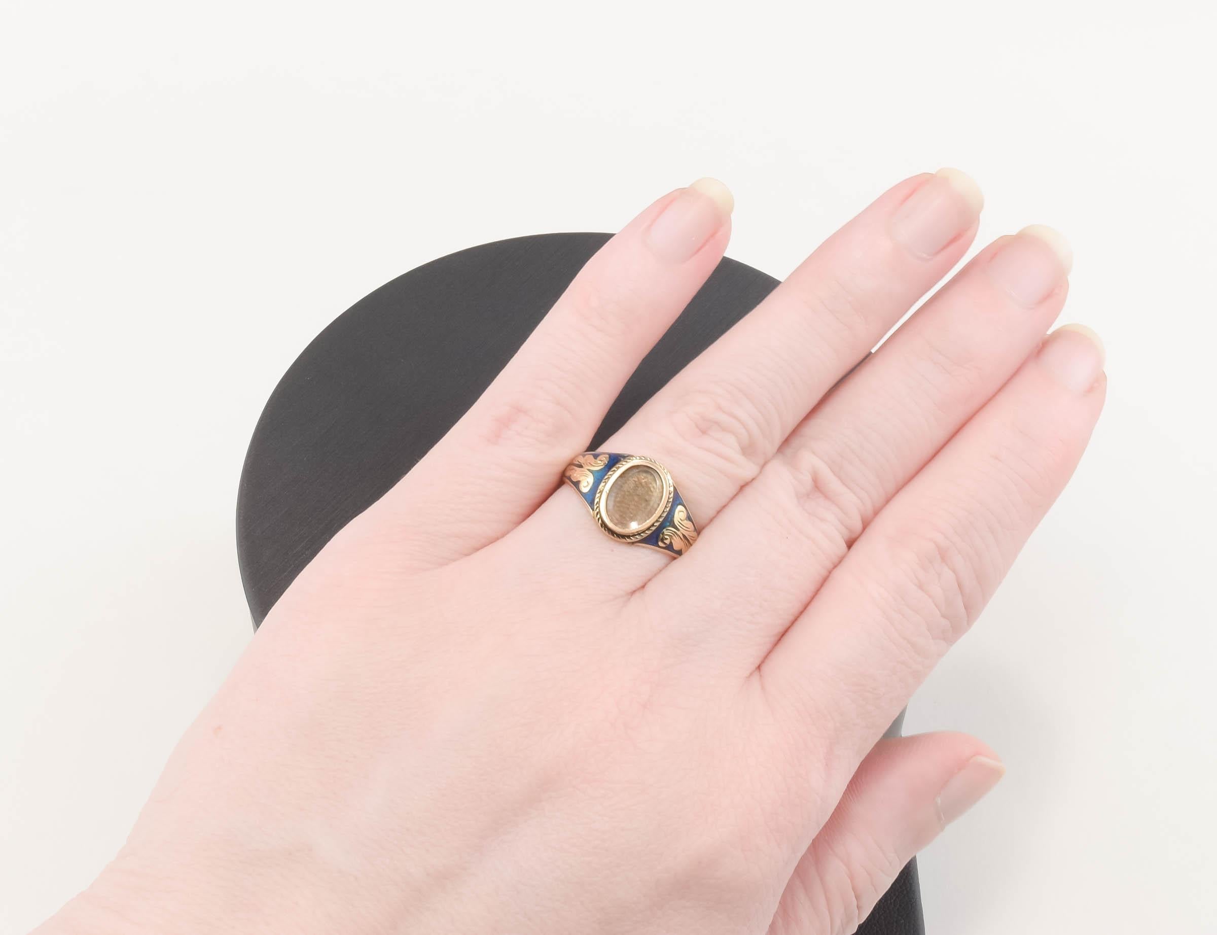 Victorian Hair Locket Ring with Blue Enamel For Sale at 1stDibs