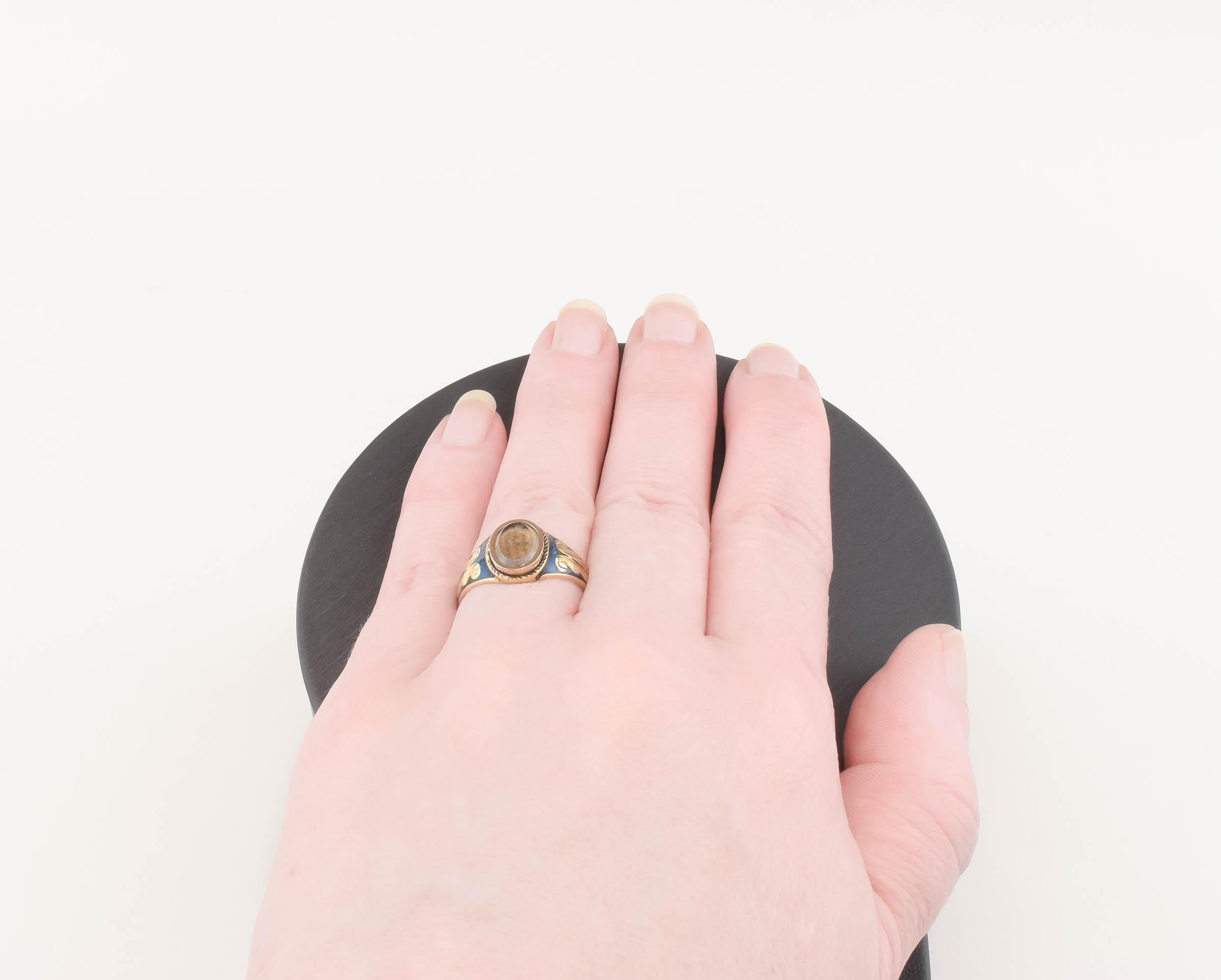 Victorian Hair Locket Ring with Blue Enamel For Sale at 1stDibs