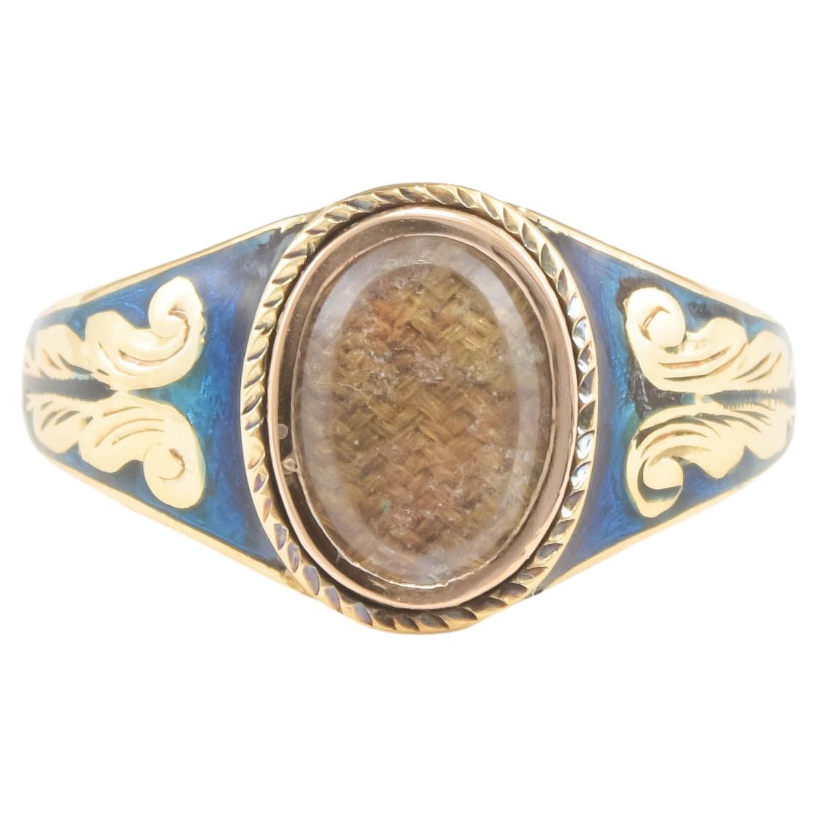 Victorian Hair Locket Ring with Blue Enamel For Sale at 1stDibs