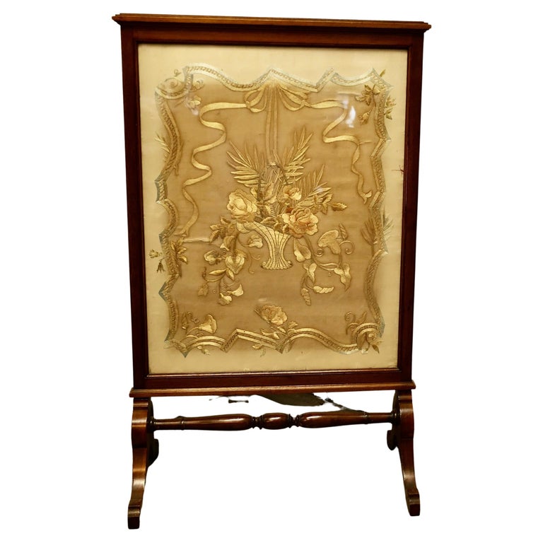 Victorian Hand Embroidered Silk and Mahogany Fire Screen For Sale at ...