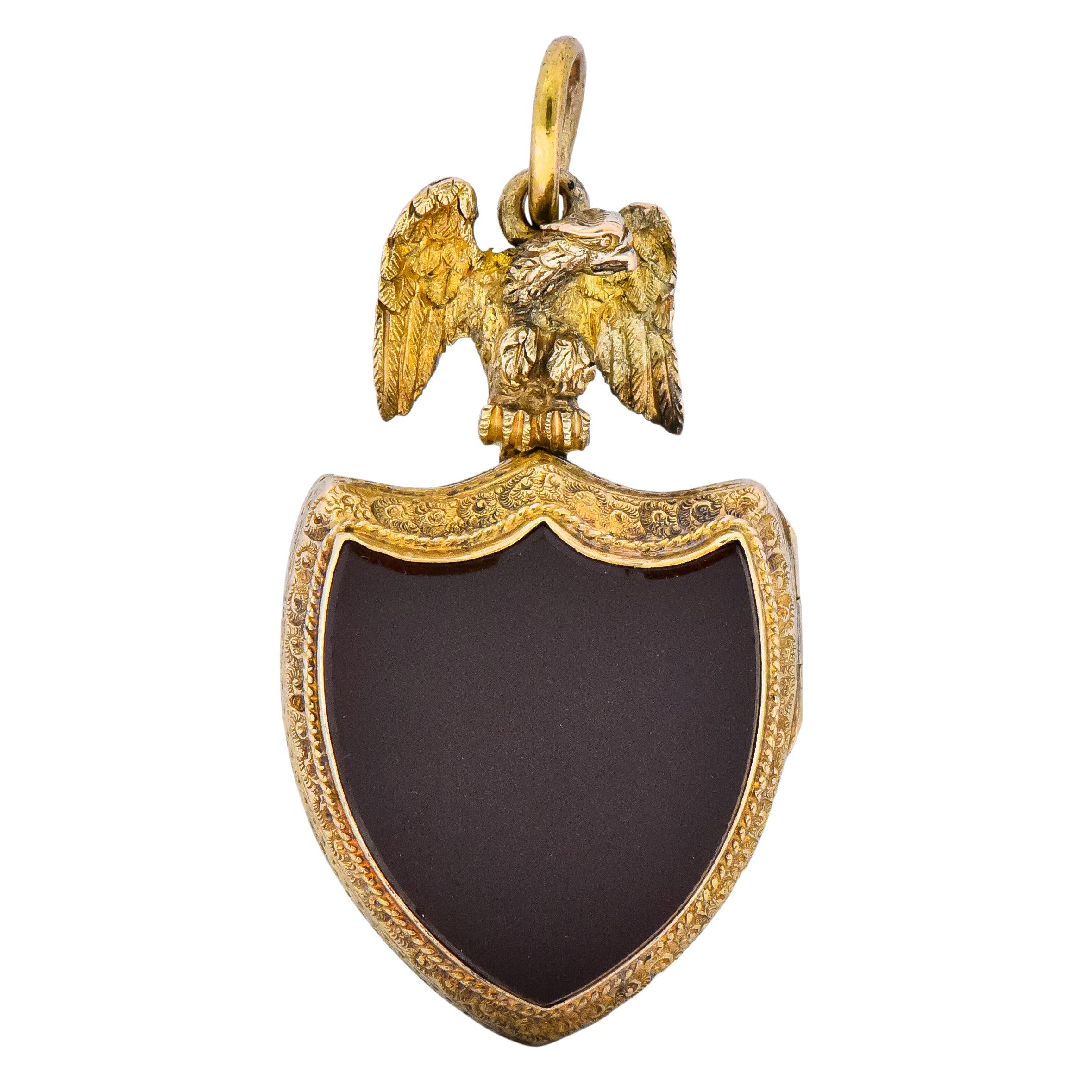 Victorian Hardstone 9 Karat Gold Eagle Shield Locket at 1stDibs