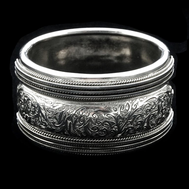 Antique Victorian Heavy Silver Engraved Bangle Bracelet For Sale at 1stDibs