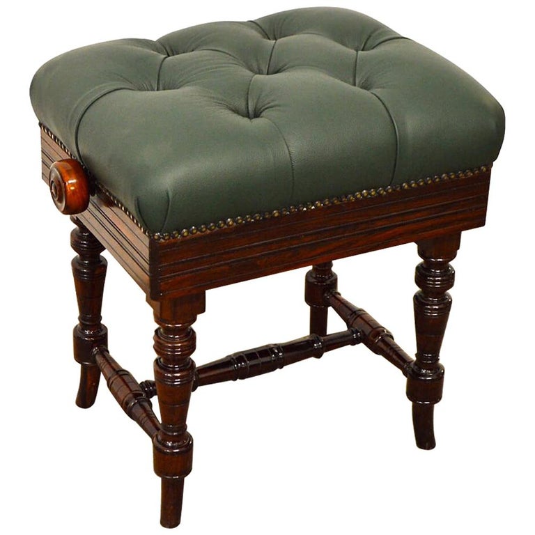 Victorian Height Adjustable Piano Stool, Green Leather Deep Buttoned ...