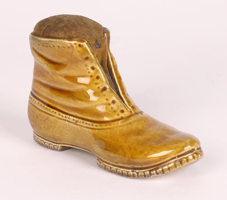 Victorian Honey Glazed Pottery Boot Pin Cushion For Sale at 1stDibs