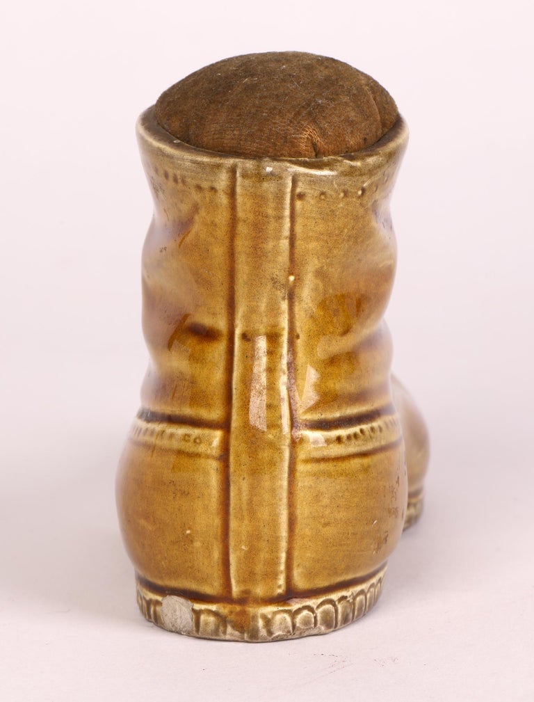 Victorian Honey Glazed Pottery Boot Pin Cushion For Sale at 1stDibs