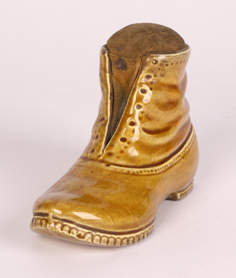 Victorian Honey Glazed Pottery Boot Pin Cushion For Sale at 1stDibs
