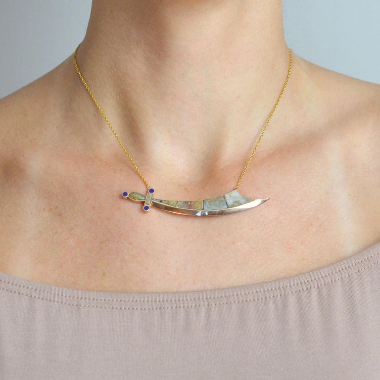 Victorian Inlaid Gold Quartz and Lapis Saber Sword Pendant Necklace For ...