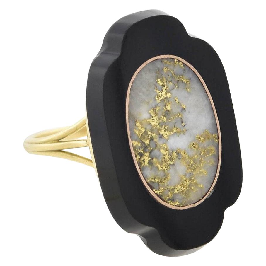 Victorian Inlaid Gold Quartz and Onyx Plaque Ring at 1stDibs