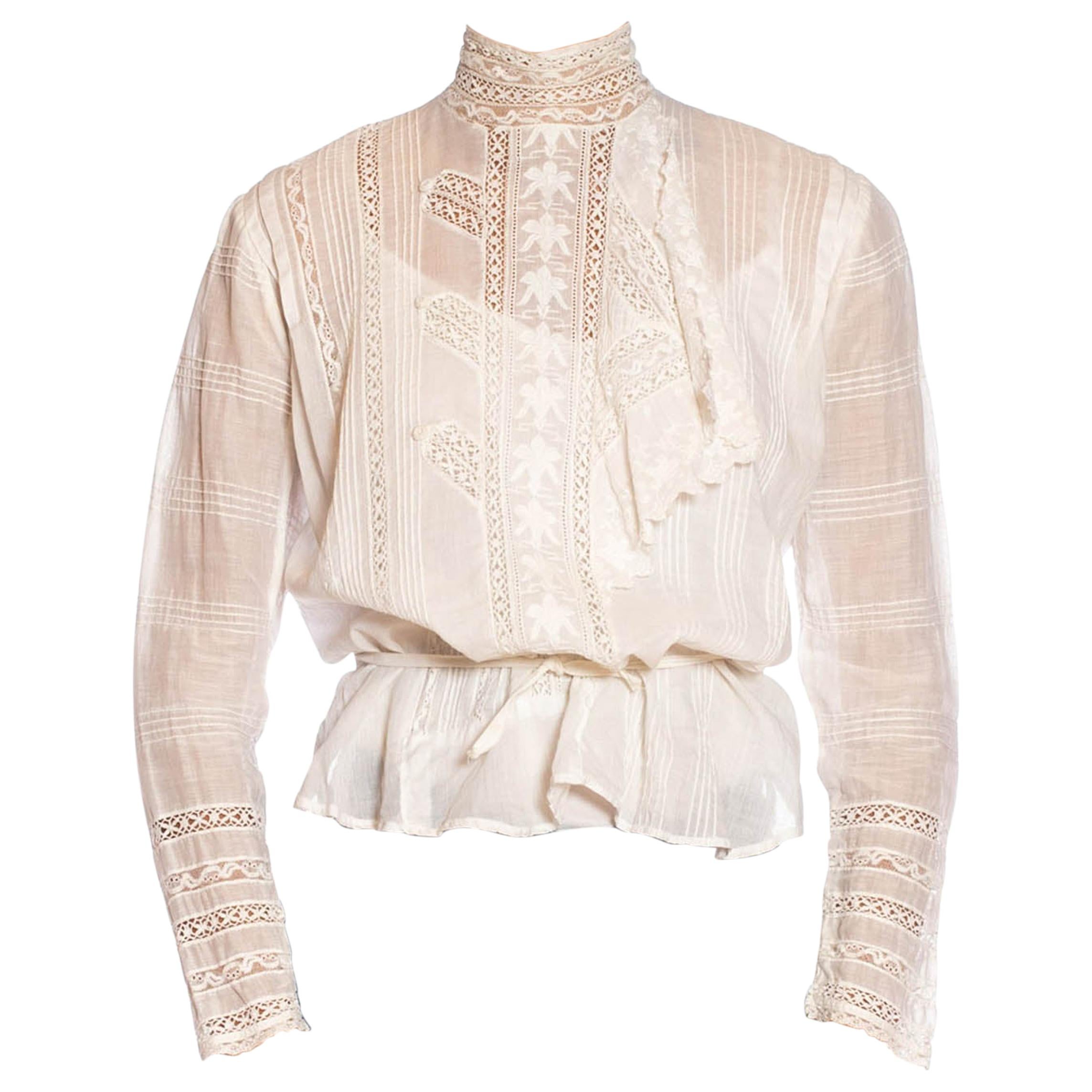 Victorian Ivory Hand Embroidered Organic Cotton Lace Swan Neck Blouse ...