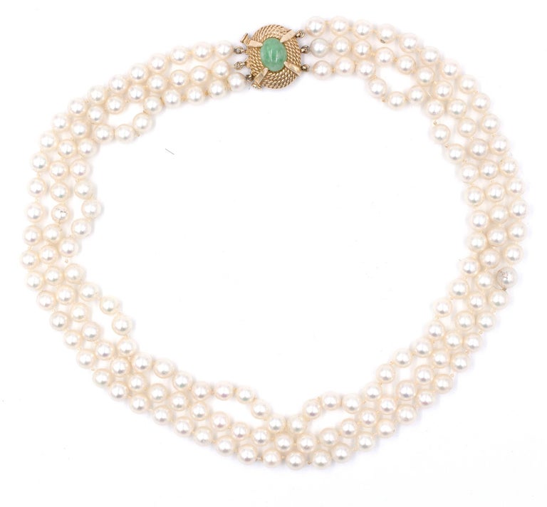 Victorian, Jade Clasp on 3-Strand Pearl, Necklace at 1stDibs