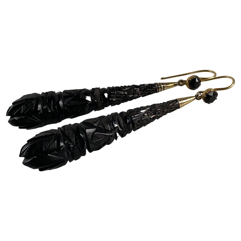 Victorian Jet Carved 14K Earrings For Sale at 1stDibs