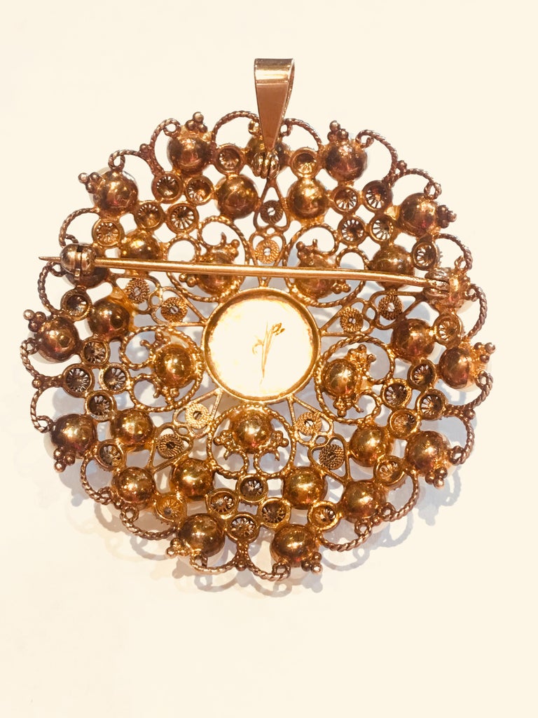 Victorian Large Round Yellow Gold Filigree Pearl Brooch Pendant with ...