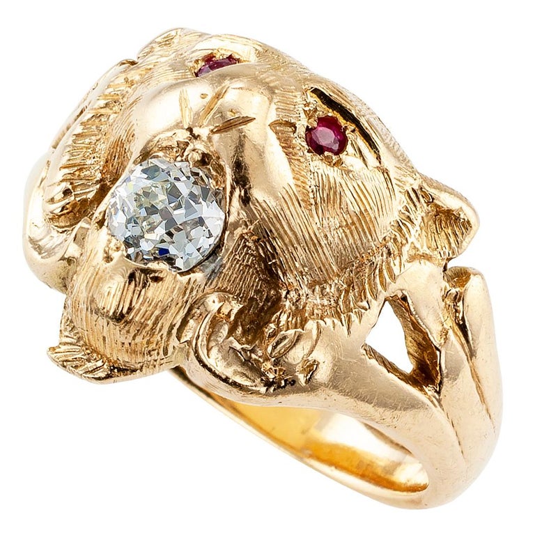 Victorian Lion Head Ruby Diamond Gold Ring at 1stDibs