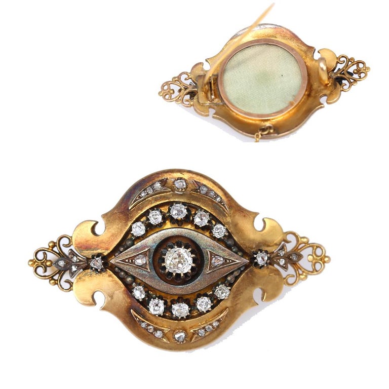 Victorian Locket Gold Brooch Old Cut Diamonds, 1900 For Sale at 1stDibs