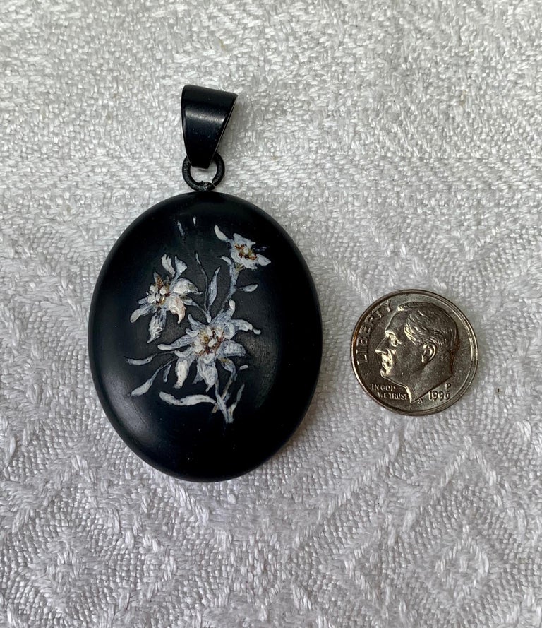 Victorian Locket Pendant Whitby Jet Enamel Edelweiss Flower Pendant ...