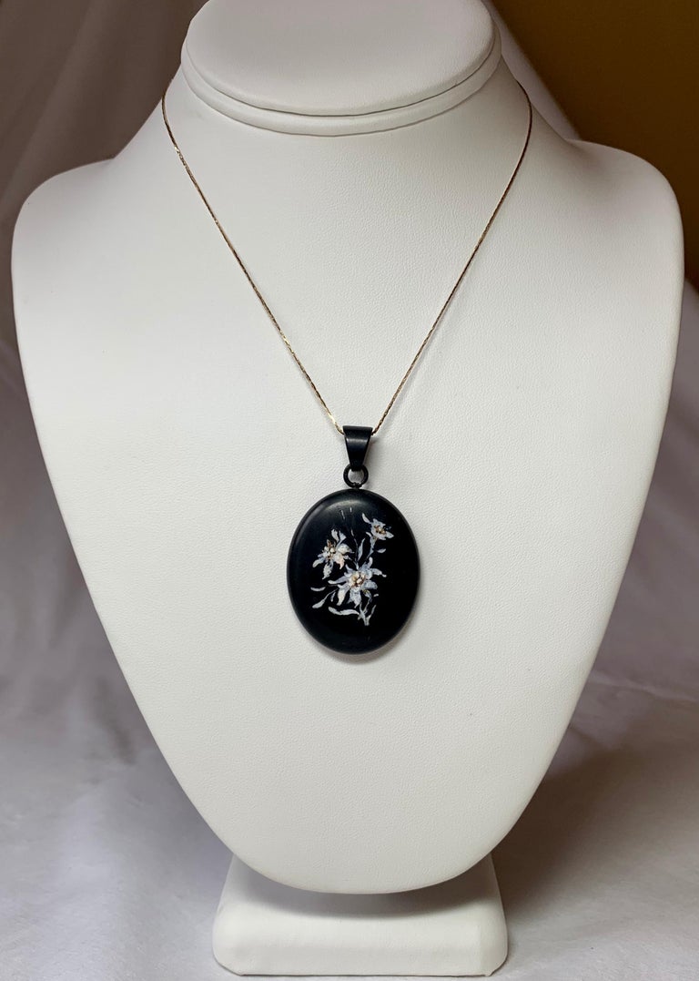 Victorian Locket Pendant Whitby Jet Enamel Edelweiss Flower Pendant ...