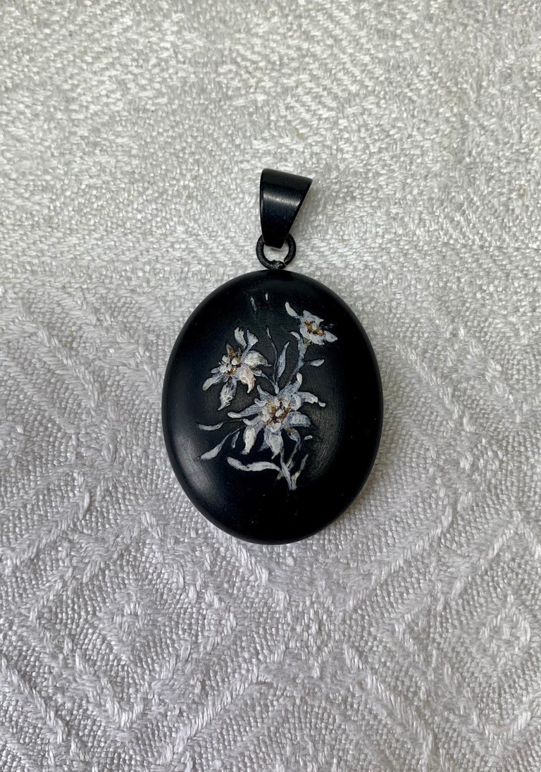 Victorian Locket Pendant Whitby Jet Enamel Edelweiss Flower Pendant ...