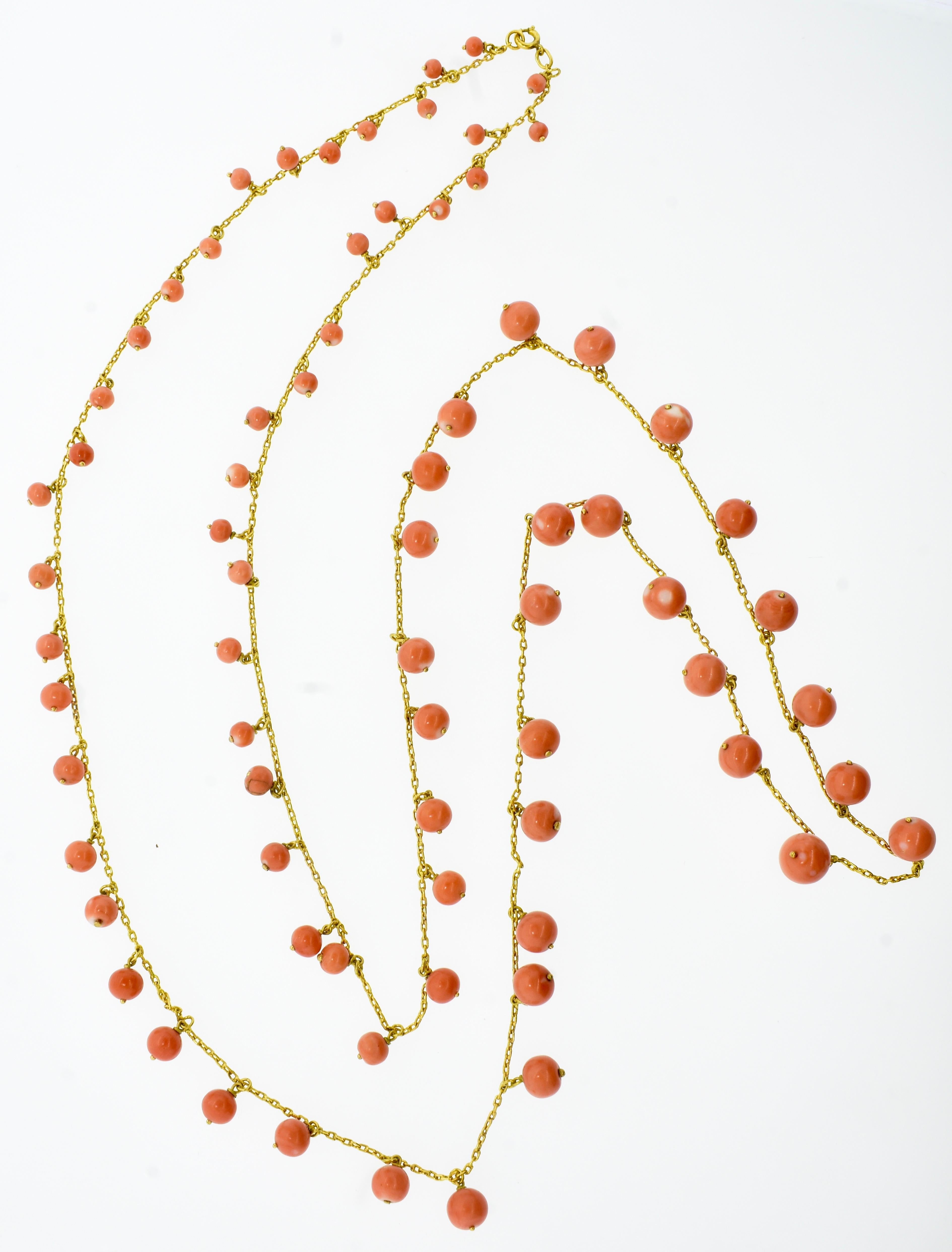 Victorian Long Gold Chain with Coral Drops, circa 1880. For Sale at 1stDibs