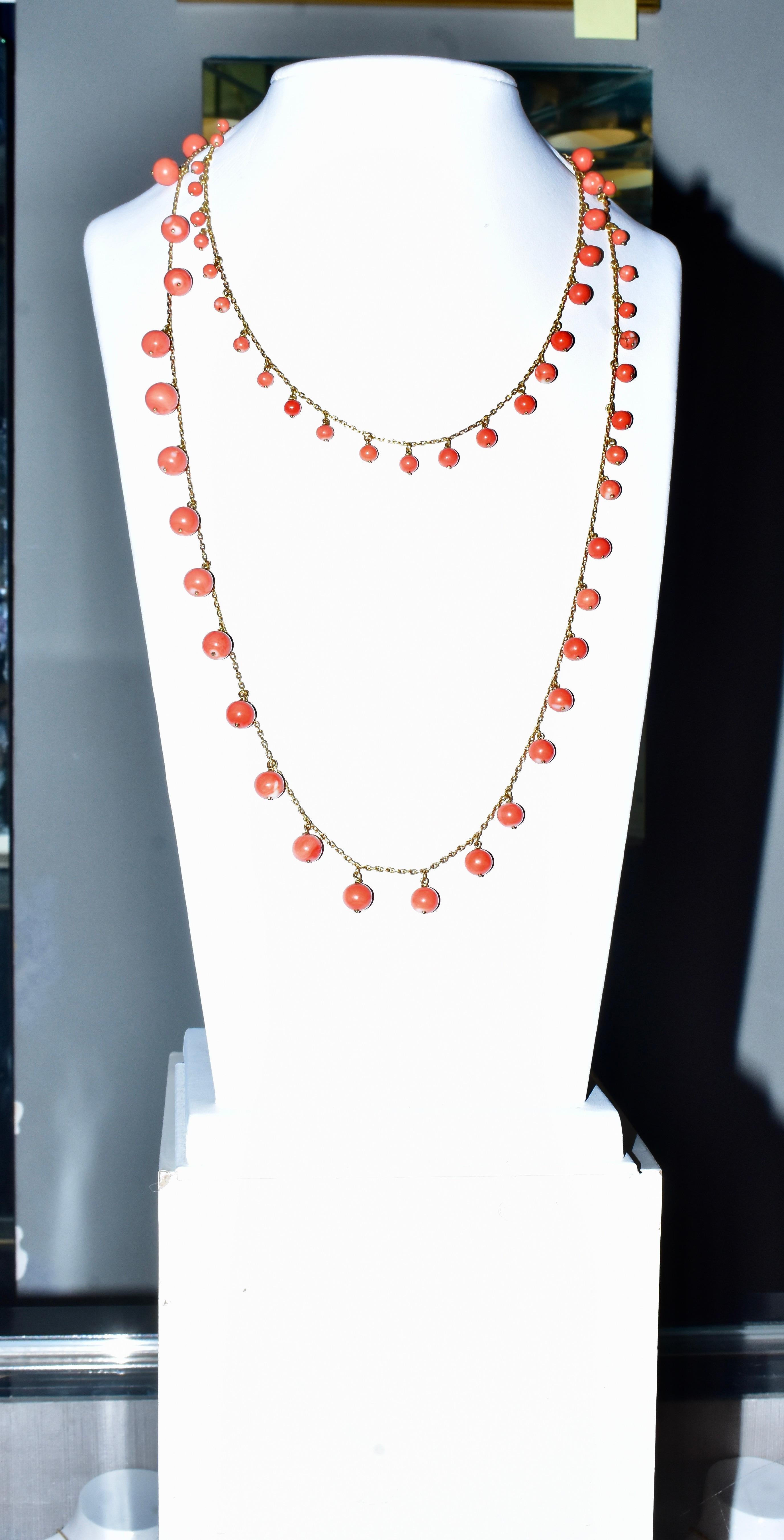 Victorian Long Gold Chain with Coral Drops, circa 1880. For Sale at 1stDibs
