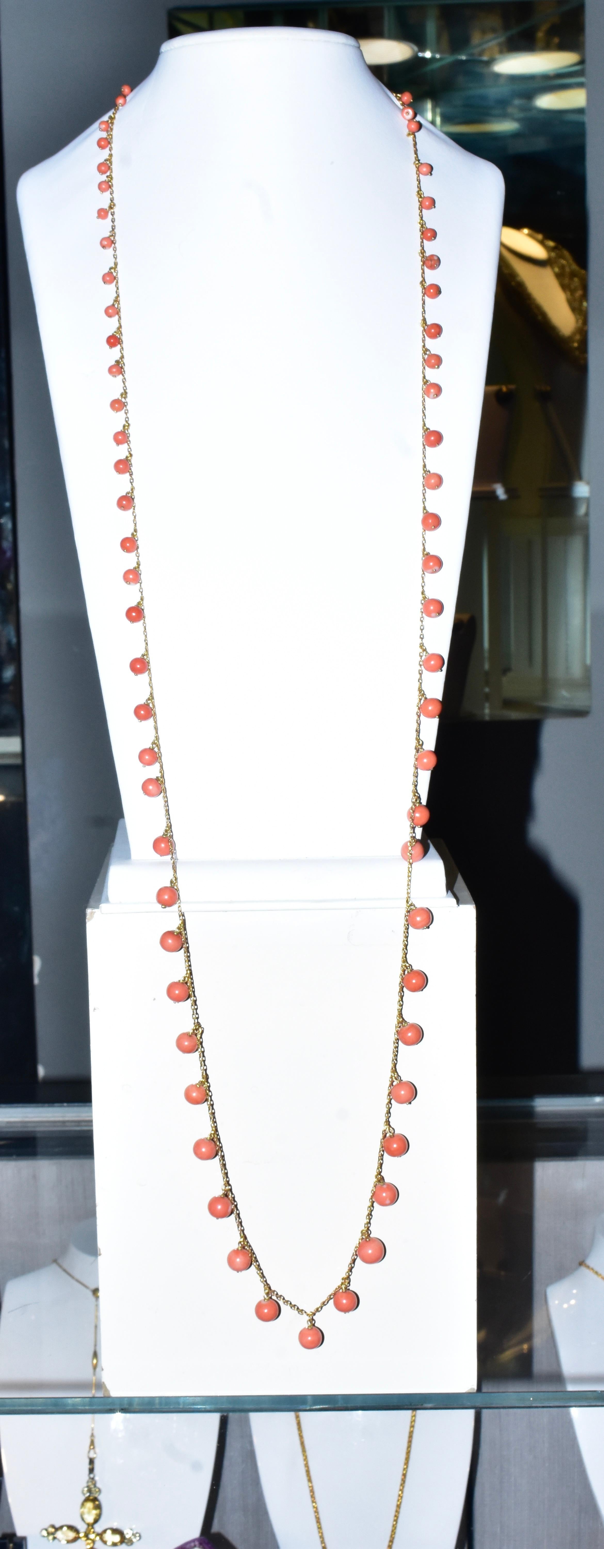 Victorian Long Gold Chain with Coral Drops, circa 1880. For Sale at 1stDibs