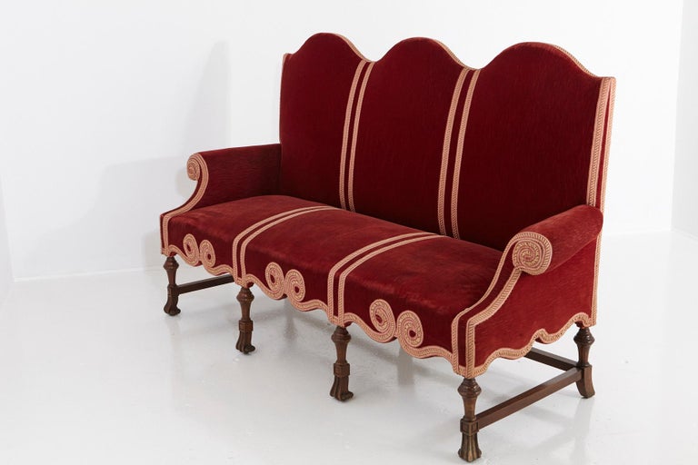 Victorian Long Seat Sofa in Red Striae Velvet with Scrolled Arms and ...
