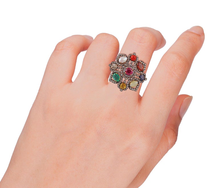 Victorian Lucky 9 Gems Stone and Diamond Ring Set in 18k Gold and ...