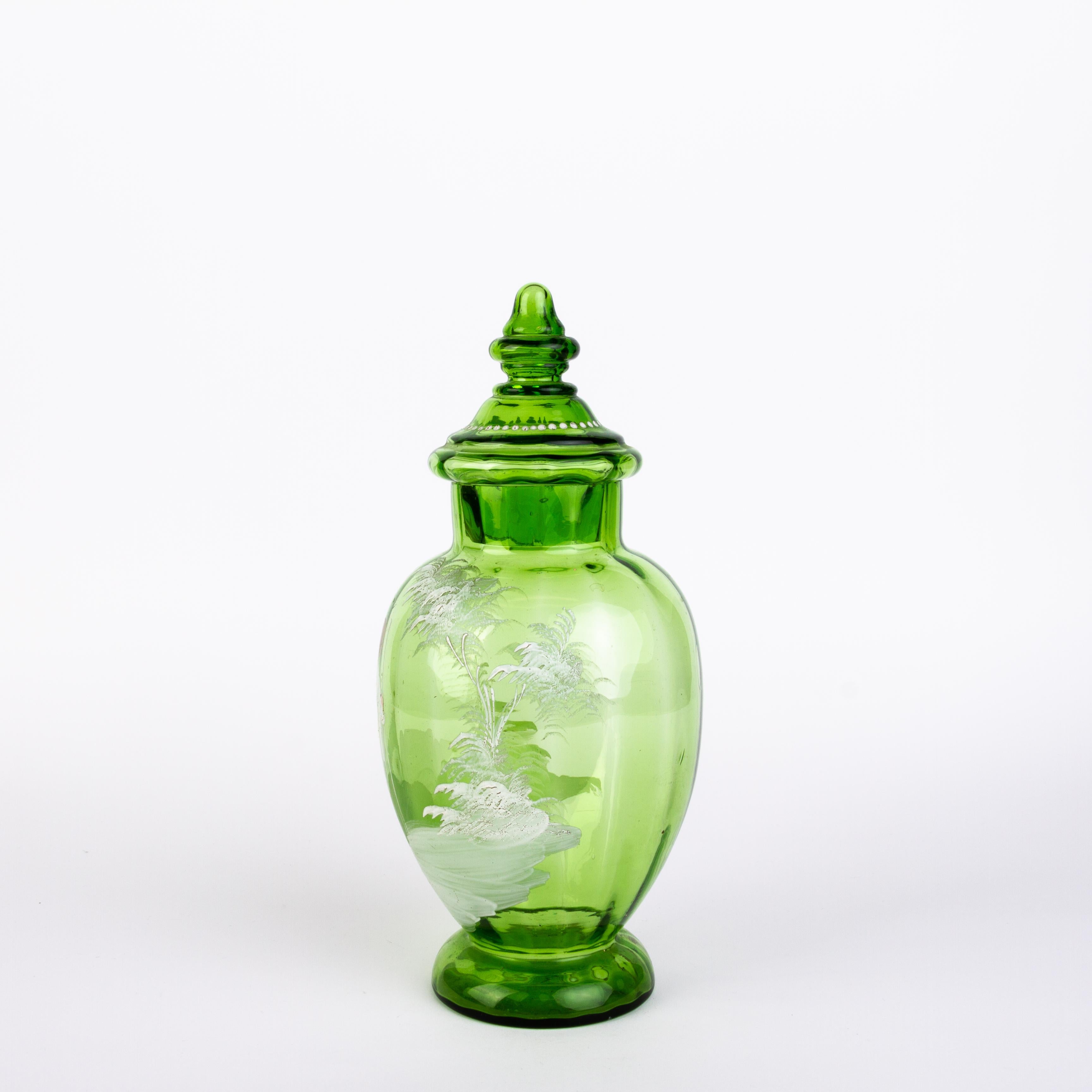 Victorian Mary Gregory Green Enameled Glass Lidded Vase 19th Century ...