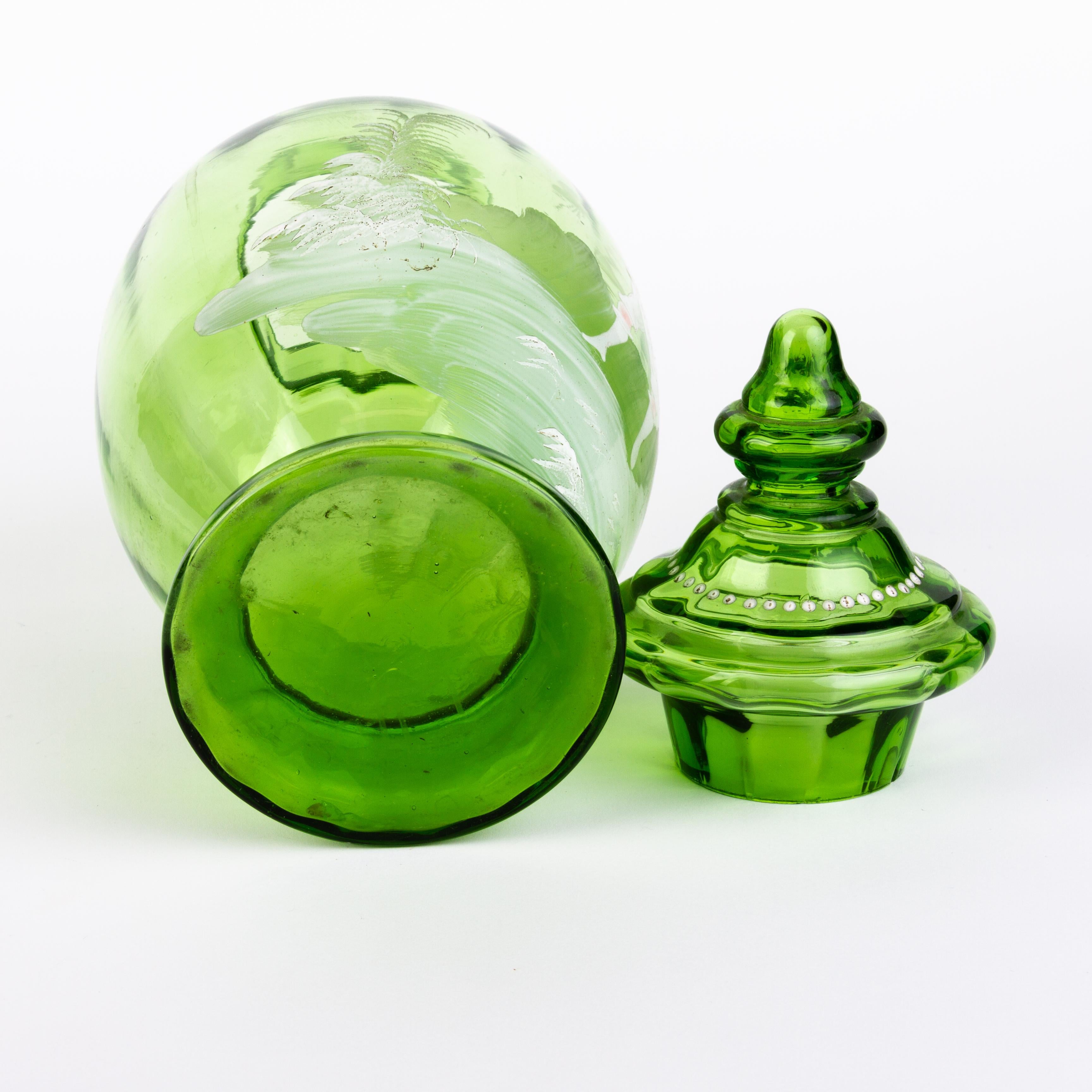 Victorian Mary Gregory Green Enameled Glass Lidded Vase 19th Century ...
