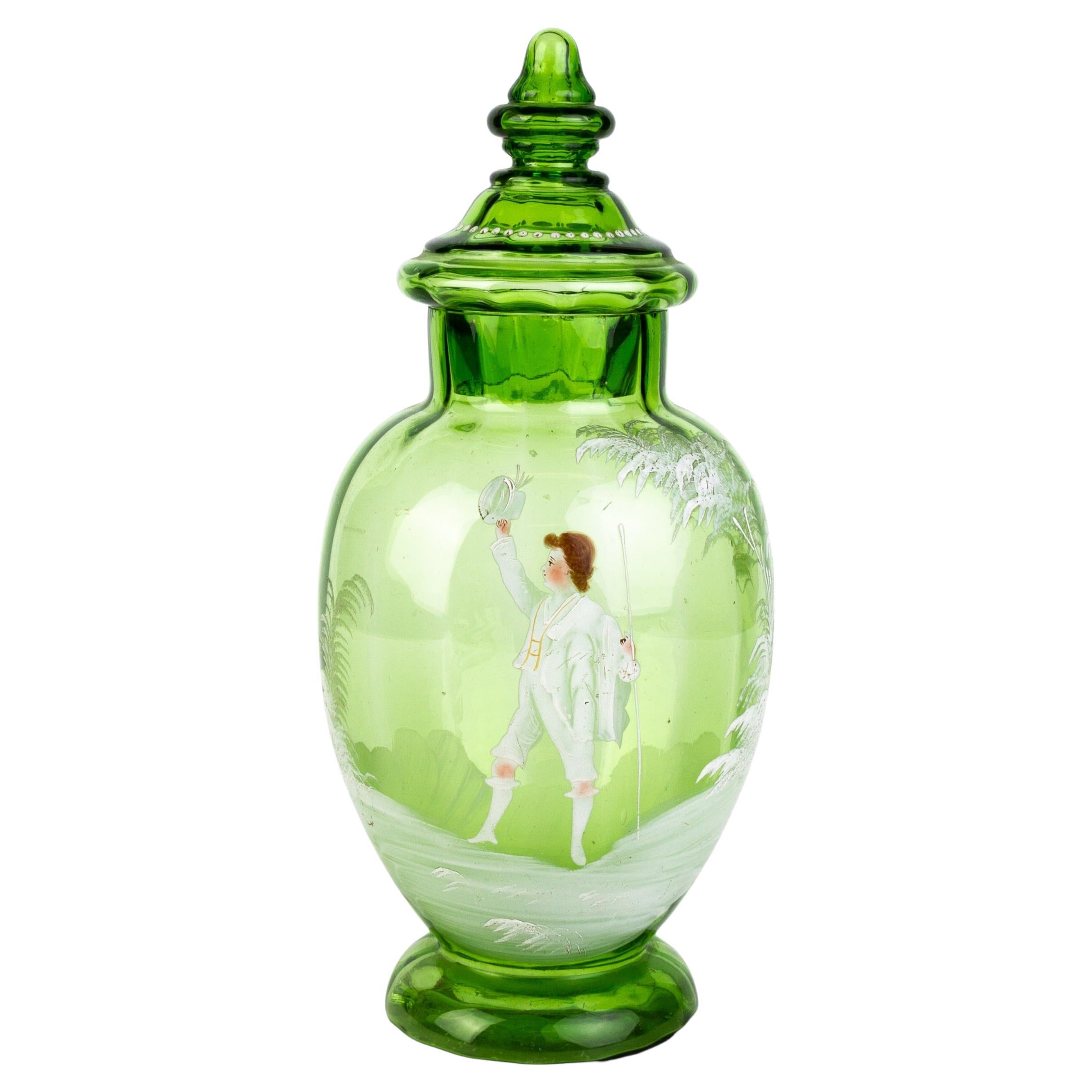 Victorian Mary Gregory Green Enameled Glass Lidded Vase 19th Century ...
