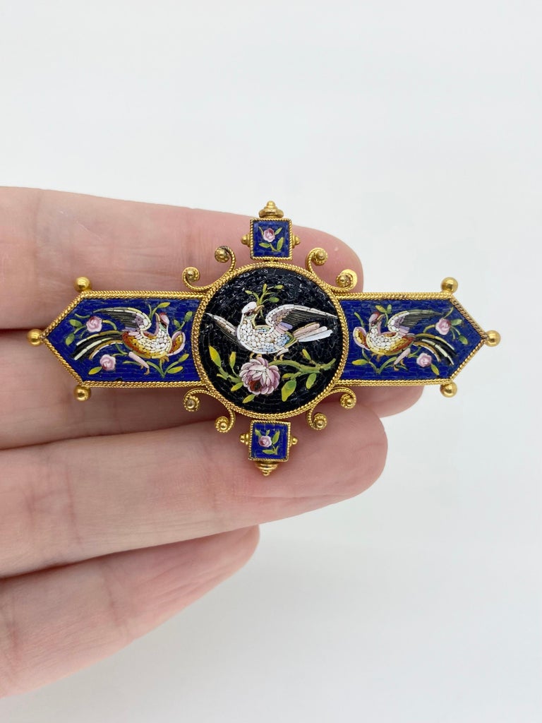 Victorian Mico-Mosaic Bird and Blooming Floral Brooch in 18k For Sale ...