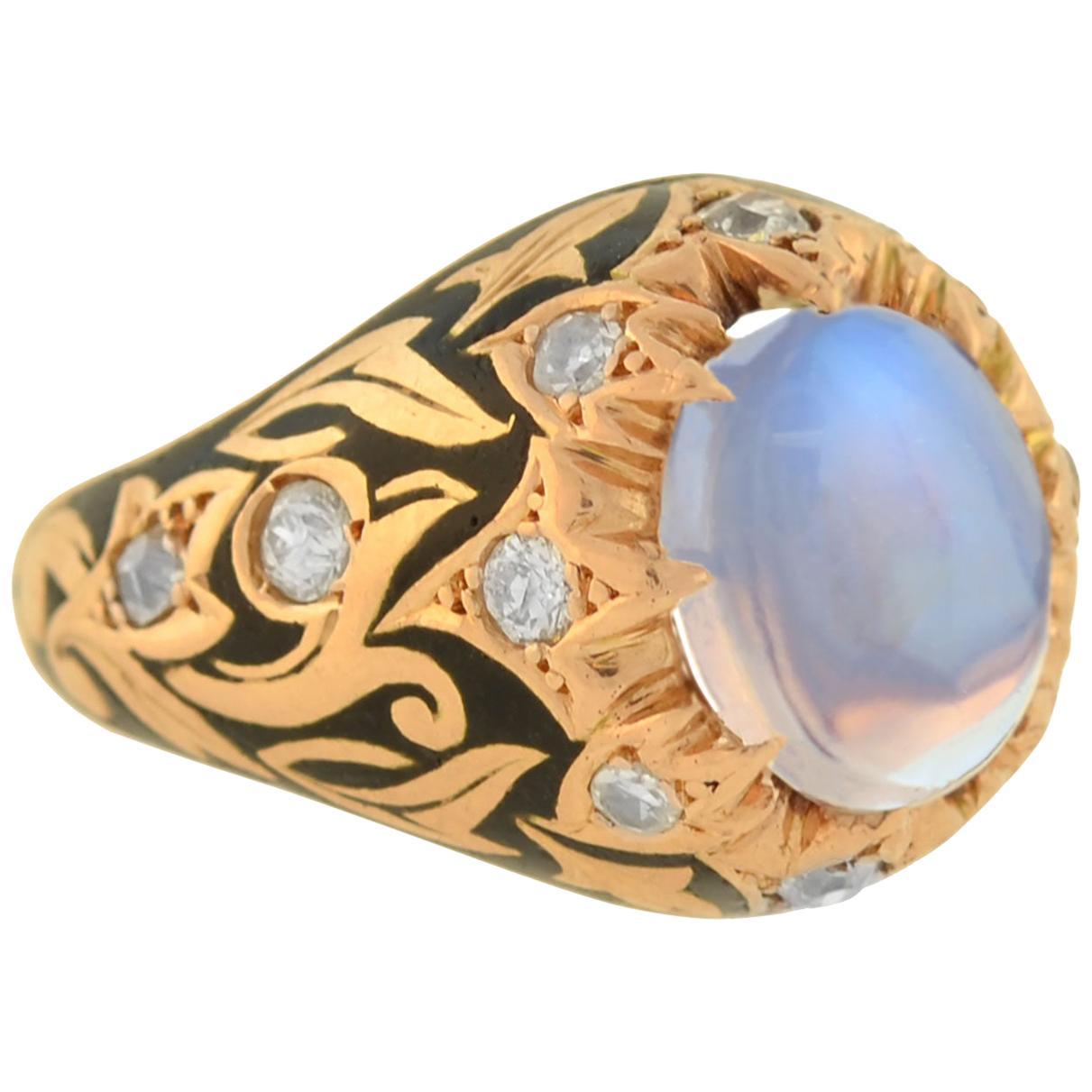Victorian Moonstone Diamond and Black Enamel Ring at 1stDibs