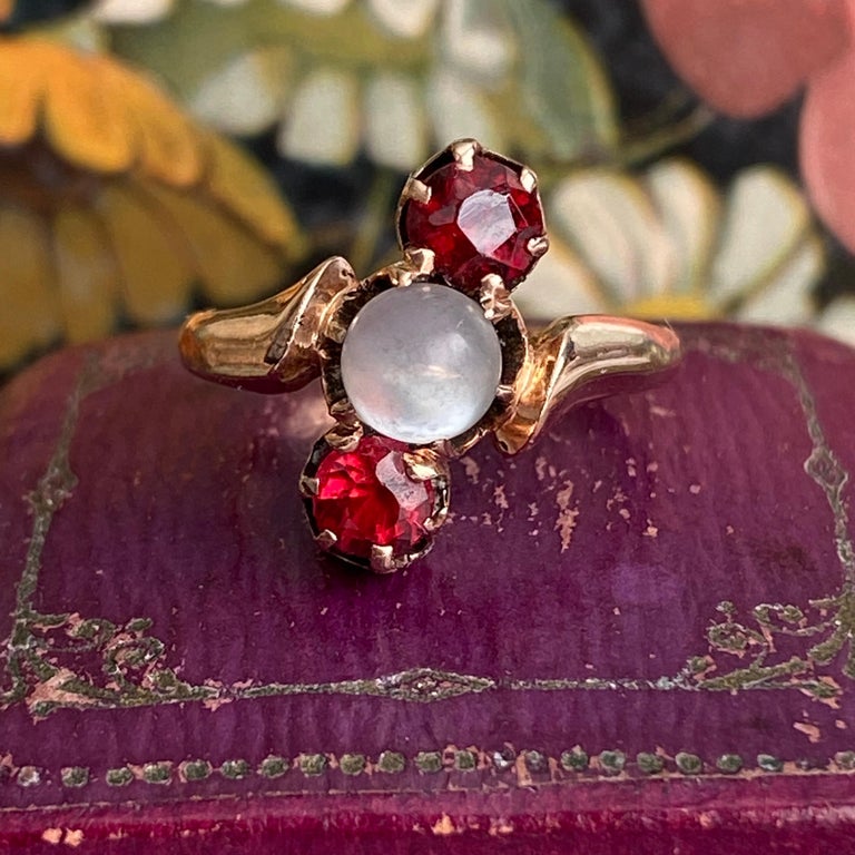 Victorian Moonstone and Garnet 14k Rose Gold Ring For Sale at 1stDibs