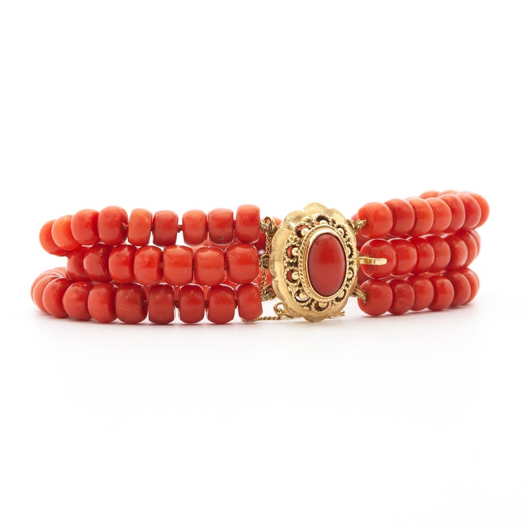 14K Gold Multi-Strand Red Coral Cannetille Beaded Bracelet For Sale at ...