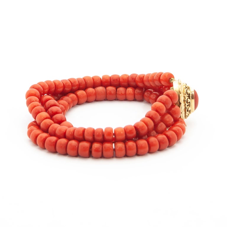 14K Gold Multi-Strand Red Coral Cannetille Beaded Bracelet For Sale at ...