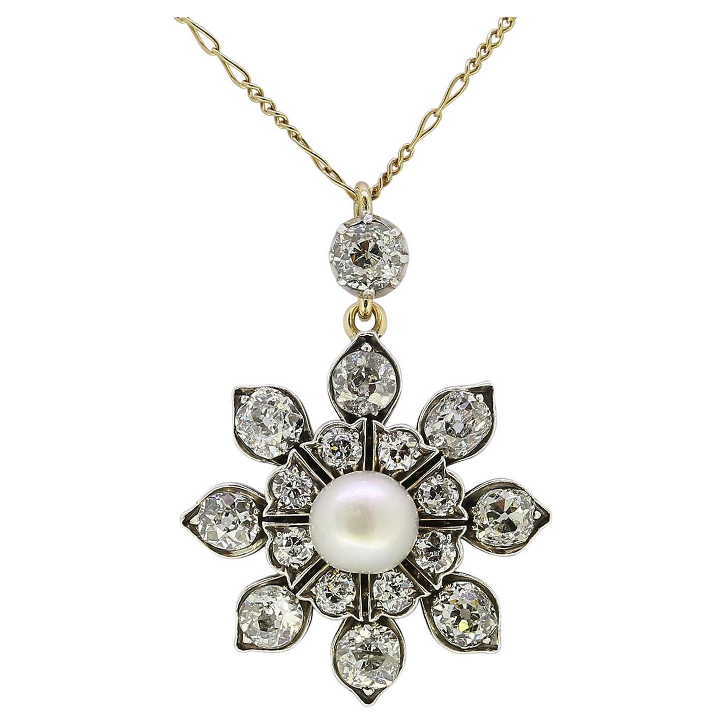 Victorian Natural Pearl and Diamond Cluster Necklace For Sale at 1stDibs