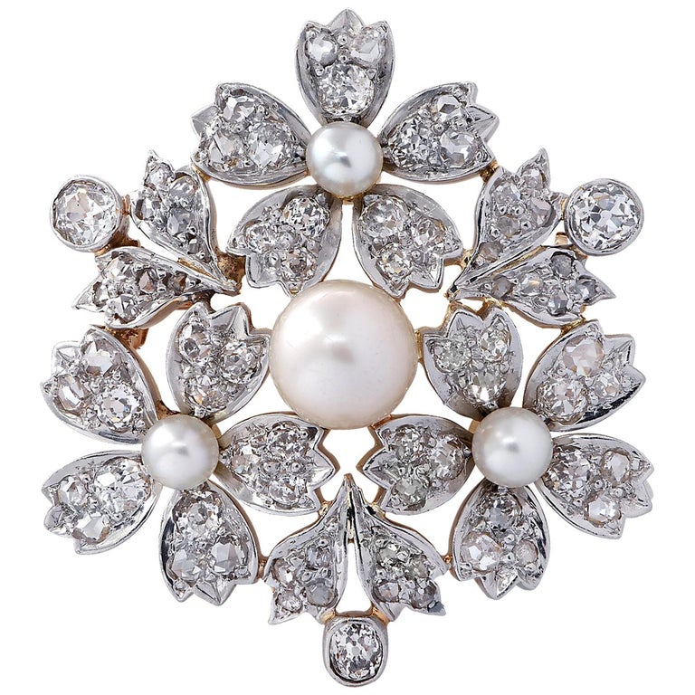 Victorian Natural Pearl Old Mine Cut Diamond Brosche Pin bei 1stDibs