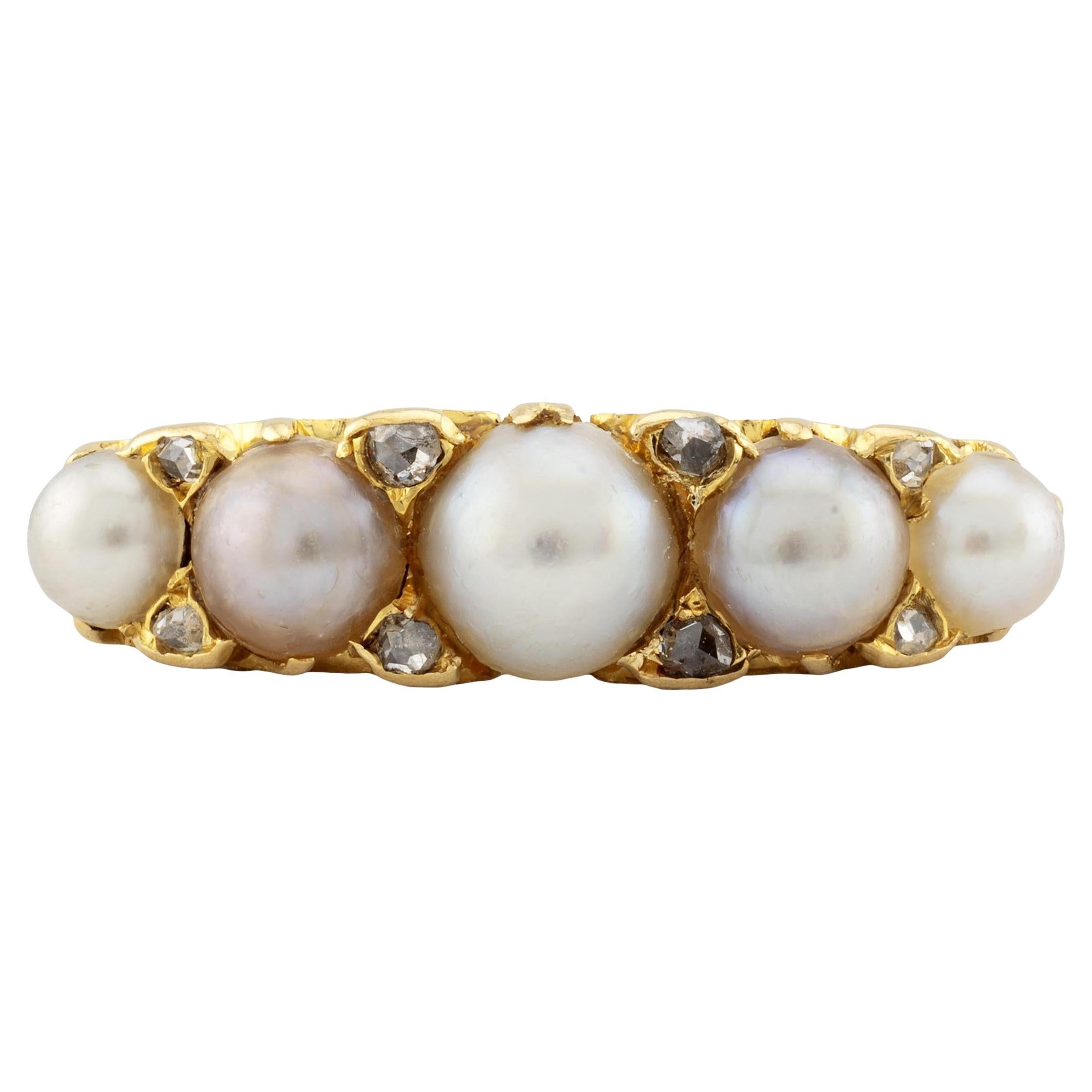Victorian Natural Saltwater Pearl and Diamond Ring in 18K Yellow Gold ...