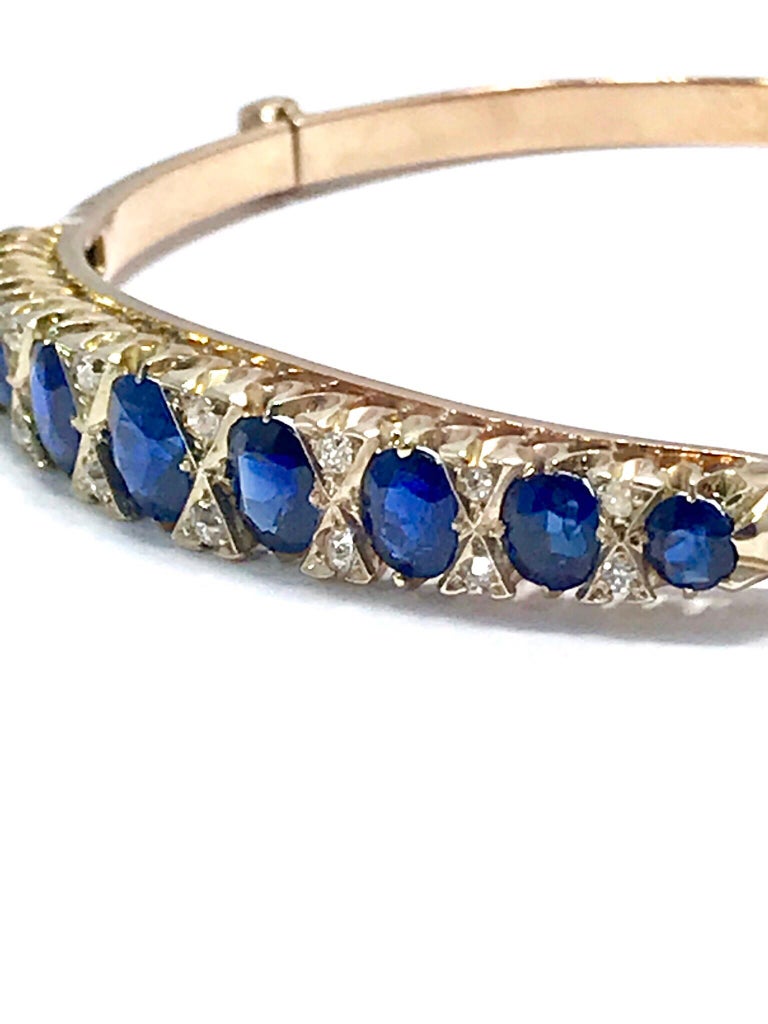Victorian Natural Sapphire And Diamond Yellow Gold Bangle Bracelet At