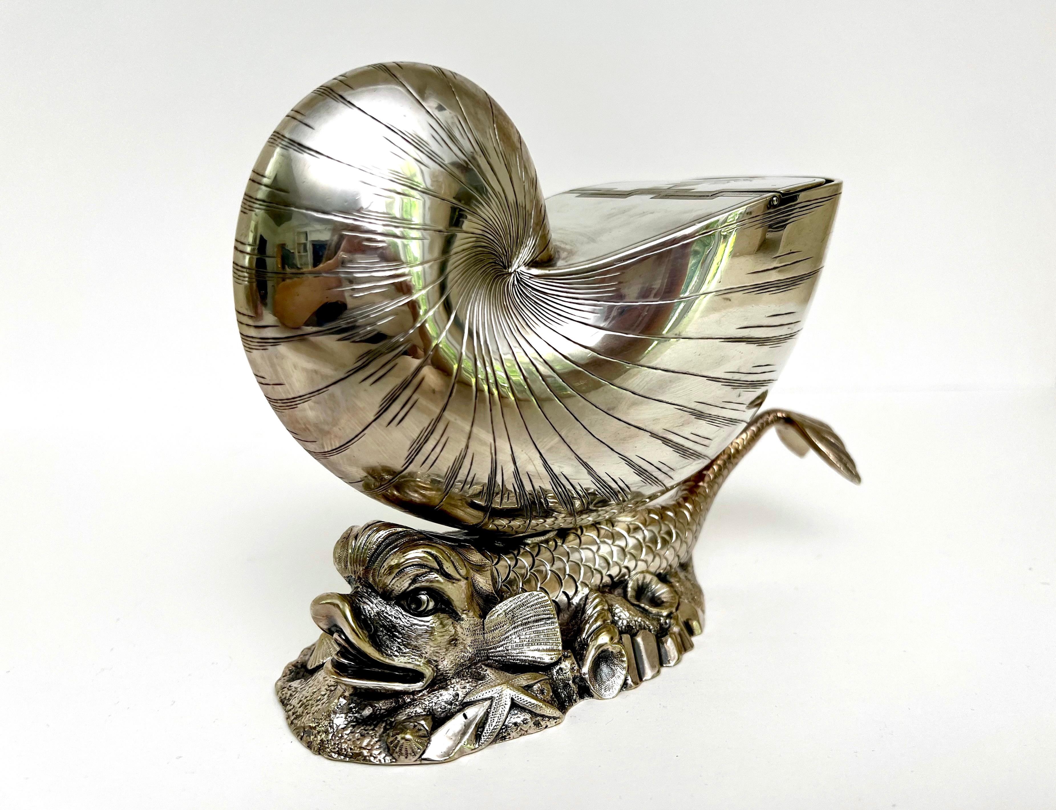 Victorian Nautilus Silver Spoon Warmer with Dolphin For Sale at 1stDibs