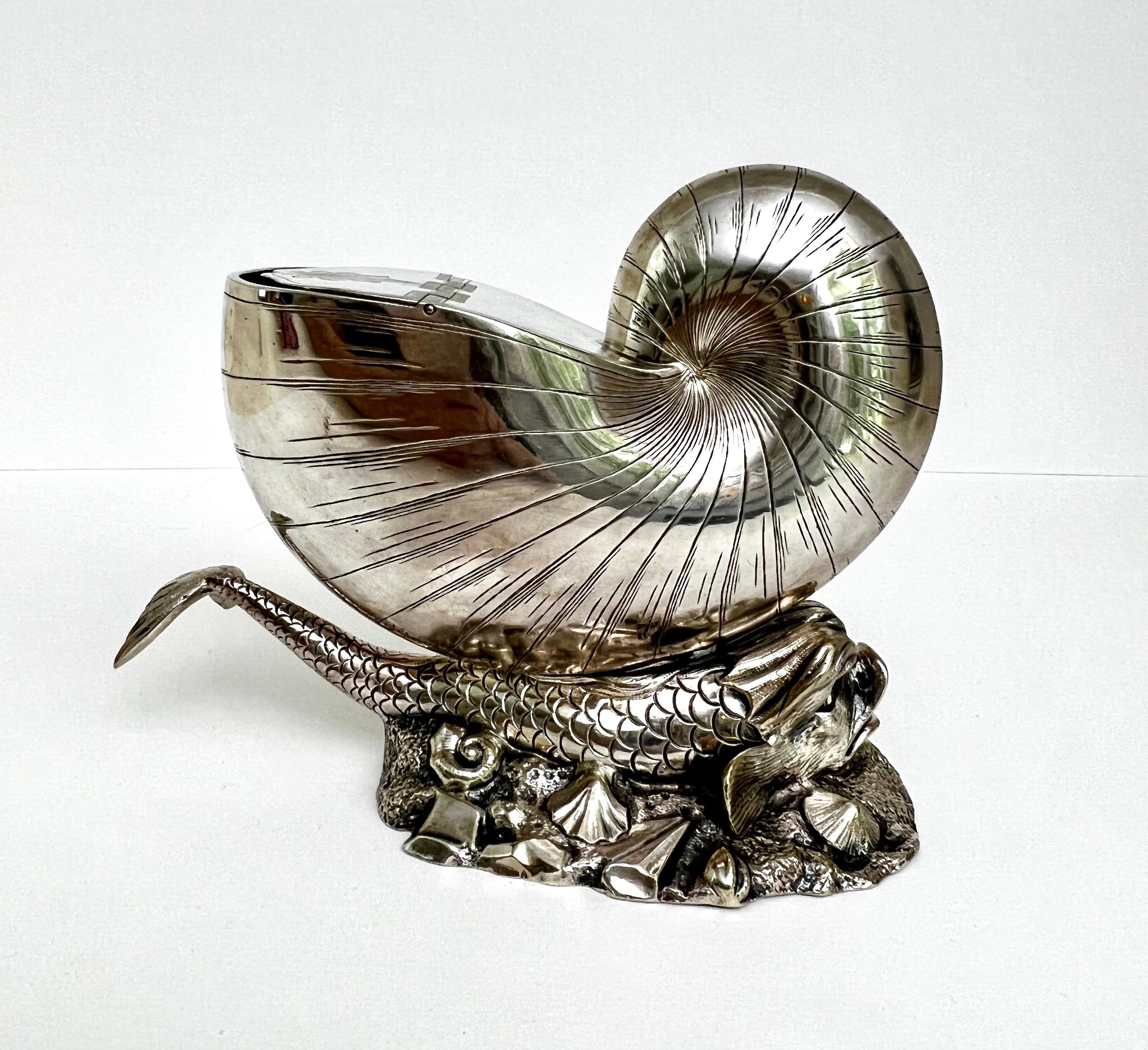 Victorian Nautilus Silver Spoon Warmer with Dolphin For Sale at 1stDibs