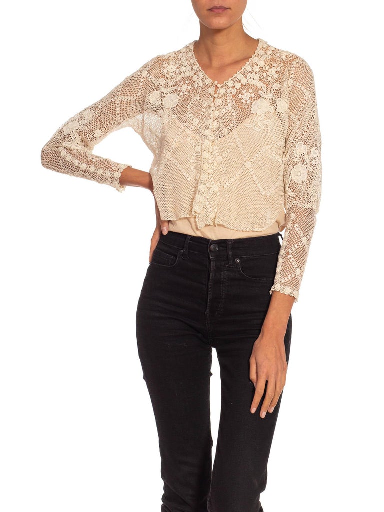 Victorian Off White Handmade Lace Button Up Jacket For Sale at 1stDibs