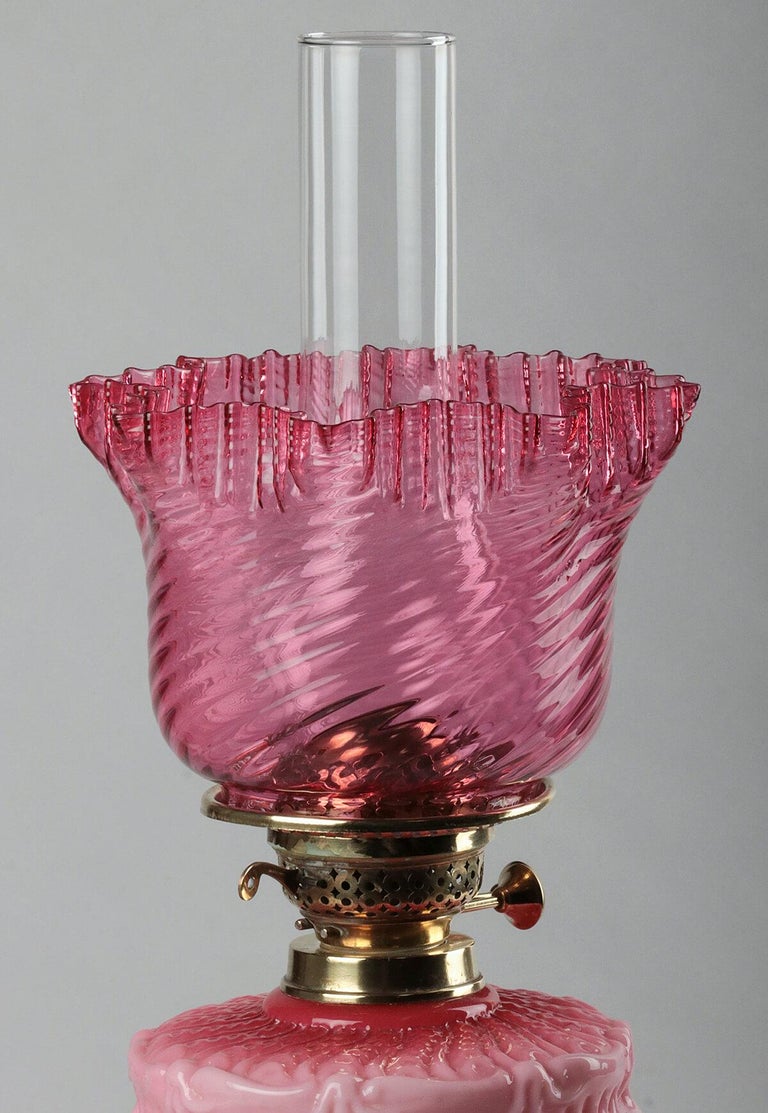 Victorian Oil lamp with Brass Foot and Pink Glass Shade at 1stDibs