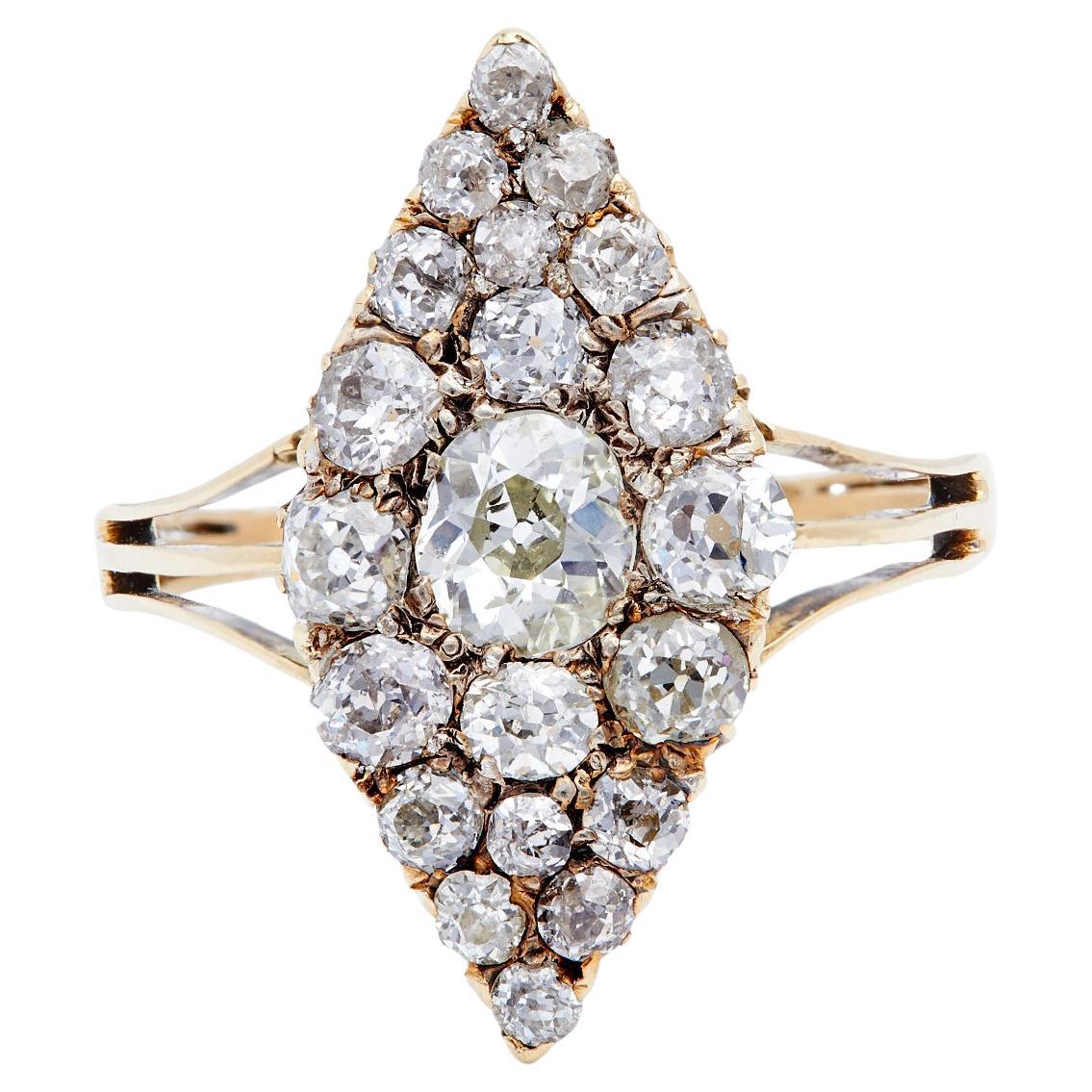 Victorian Old Cut Diamond Yellow Gold Navette Ring For Sale at 1stDibs