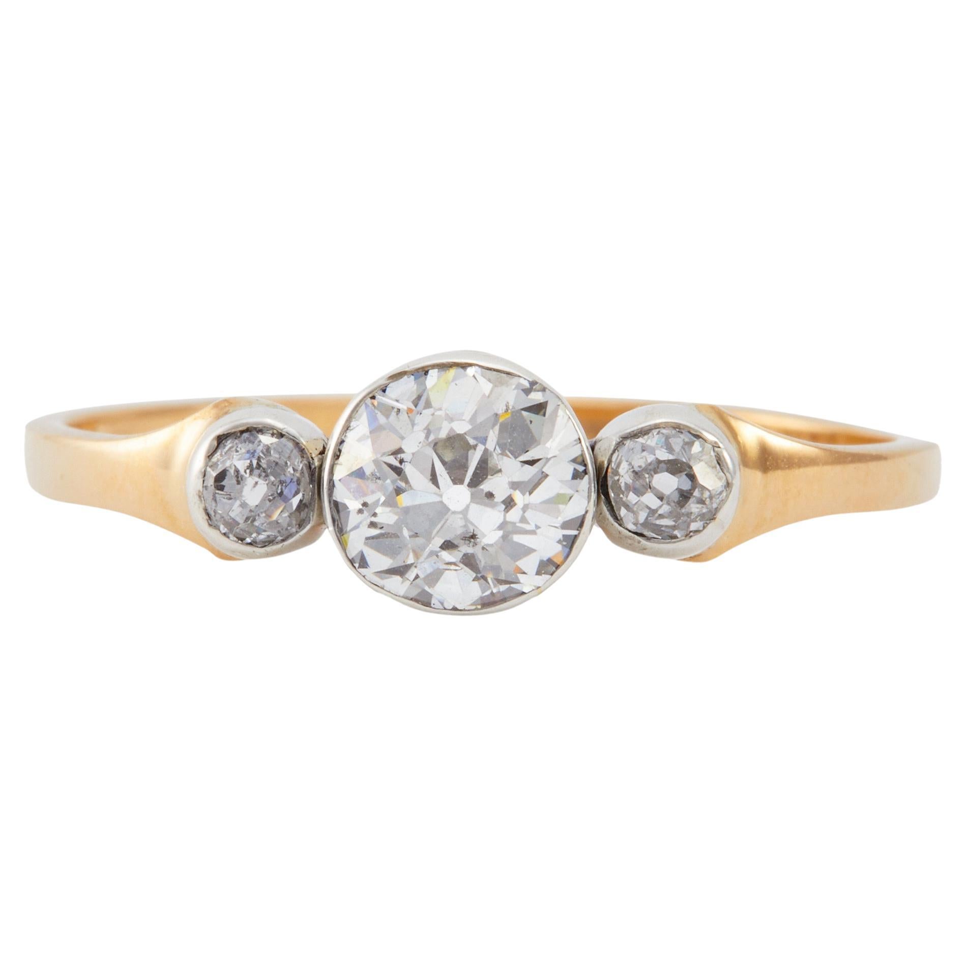 Victorian Old European Cut Diamond 14K Yellow Gold Silver Three Stone ...