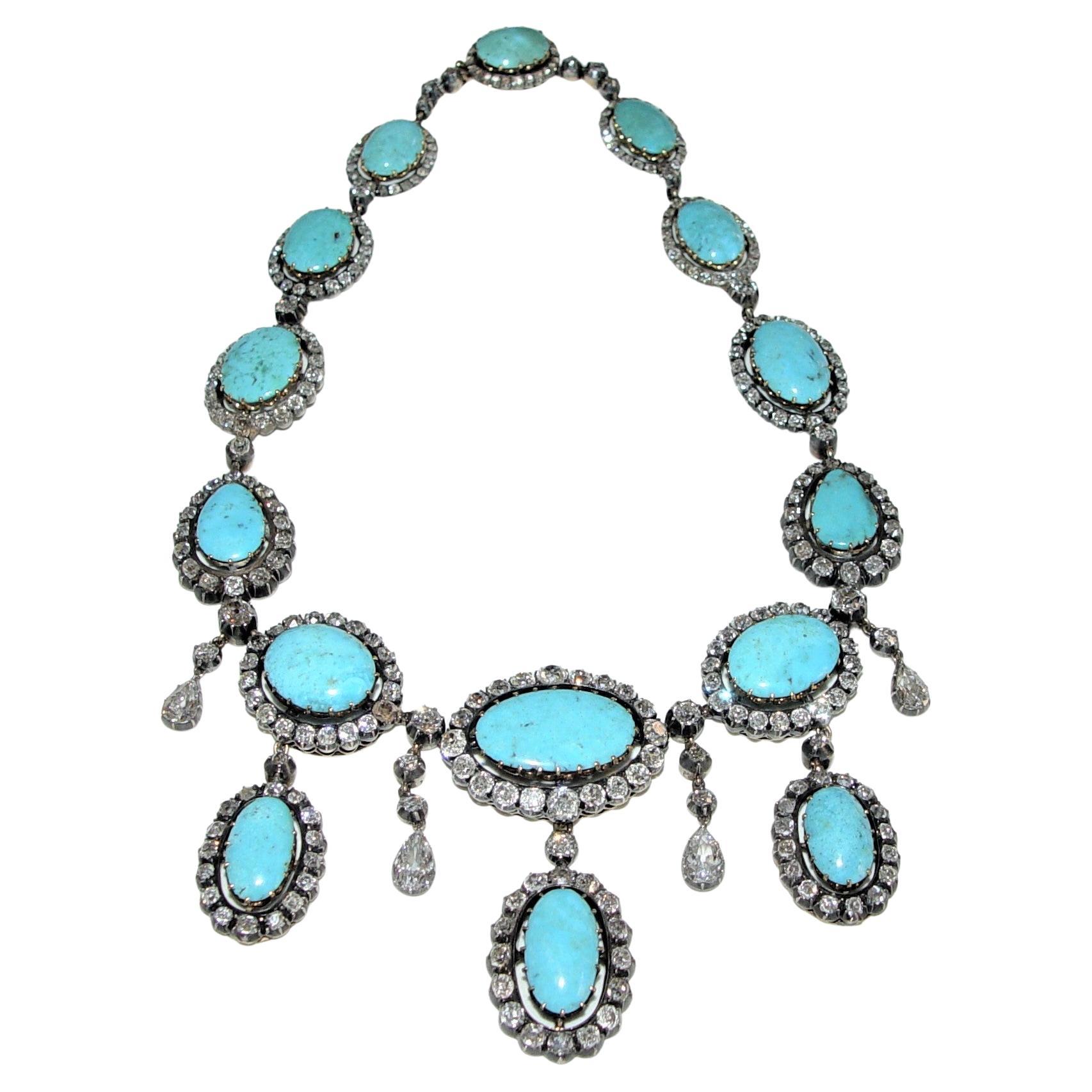 Victorian Old mine cut Diamond and Persian Turquoise Necklace Silver ...