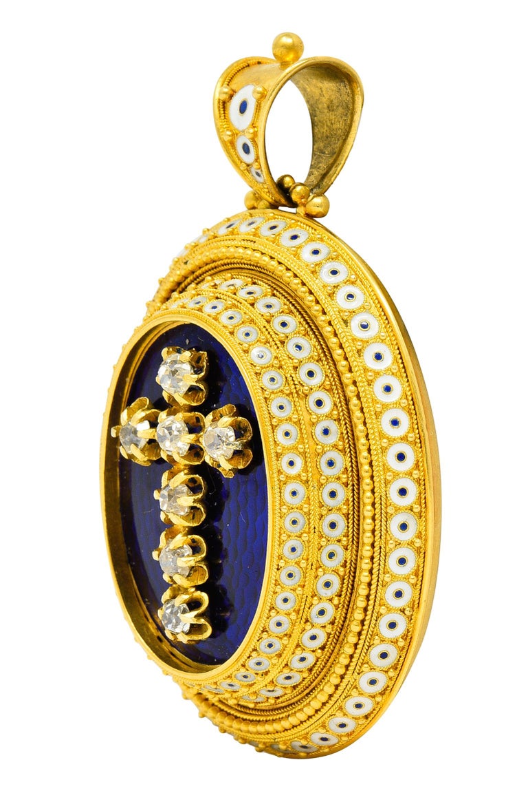 Victorian Old Mine Cut Diamond Enamel 18 Karat Yellow Gold Locket ...