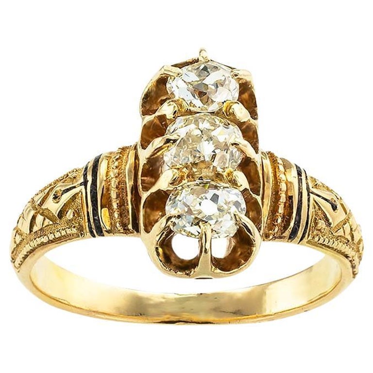 Victorian Old Mine Cut Diamond Three Stone Gold Ring For Sale at 1stDibs