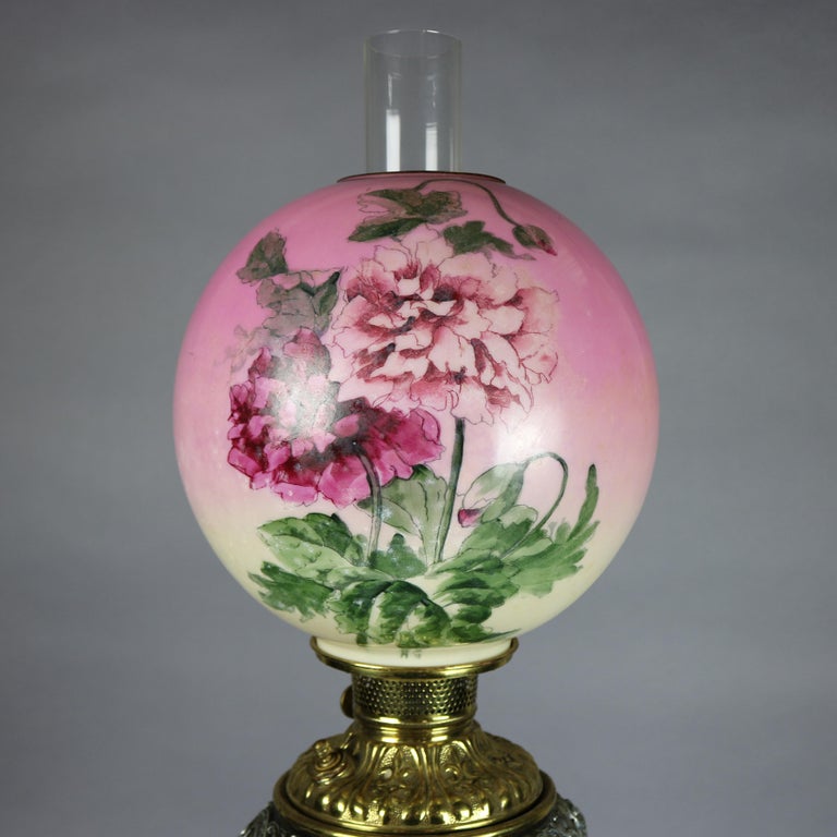 Victorian Onyx and Gilt Metal Parlor Lamp with Hand Painted Peony Shade ...